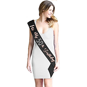 50th Birthday Sash - Premium GRADE SATIN & Real CRYSTAL Rhinestone It's My 50th Birthday Rose Gold & Silver Glitter Sash - Black Sash(ItsMy50Bday Gltr) BLK