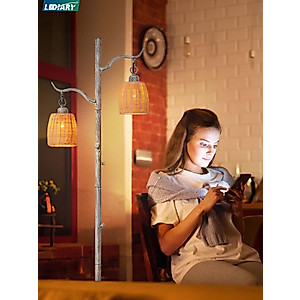 LEDAIRY Farmhouse Rustic Country Cottage Floor Lamp, Dimmable Boho Floor Lamp, Tree Trunk Faux Wood Column Standing Lamp with Wicker Drum Shade, White Washed