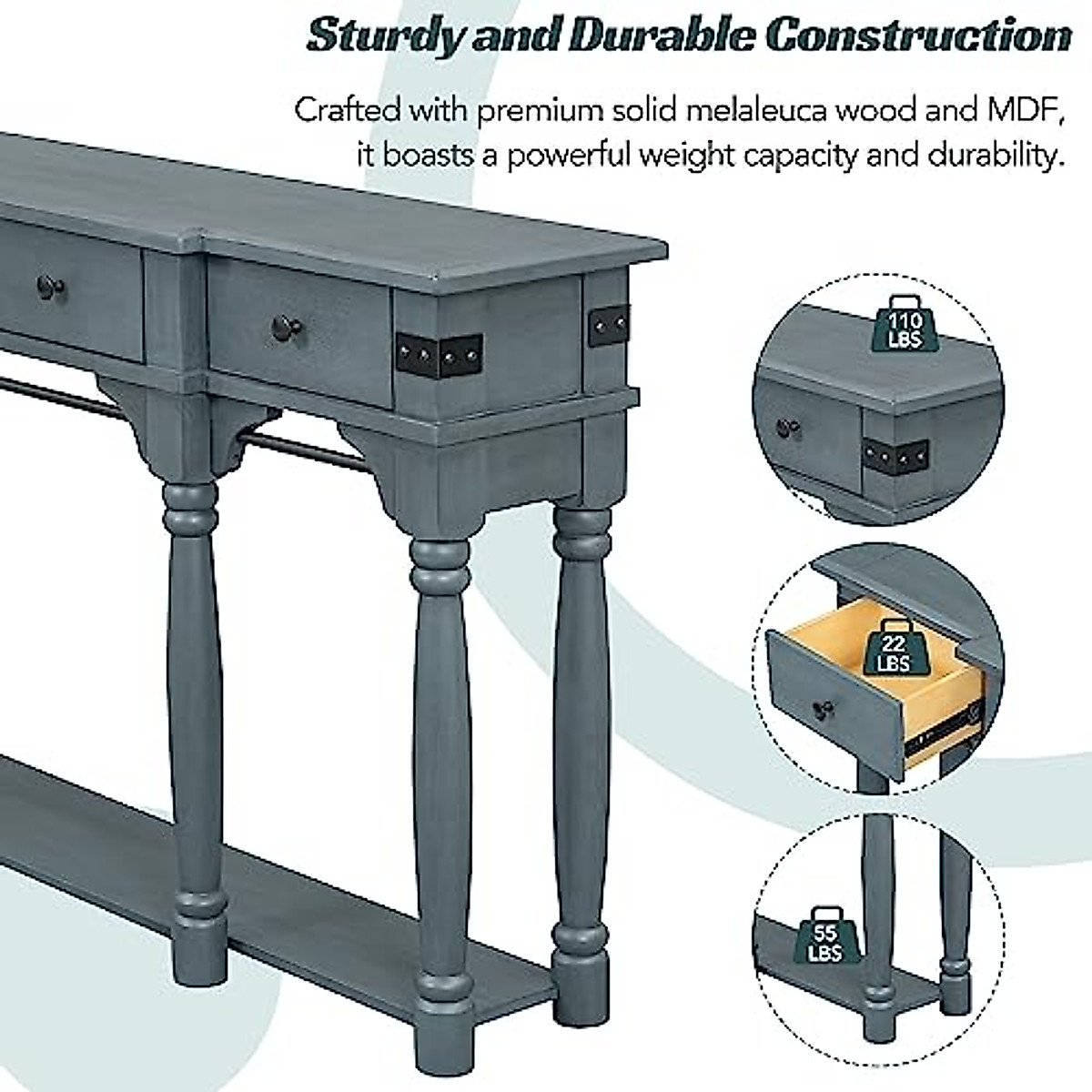 Bellemave Console Table Entryway Table with 3 Storage Drawers and Open Style Shelf Retro-Style Sofa Table for Living Room, Couch, Hallway, Foyer, Kitchen Counter (Dark Navy)