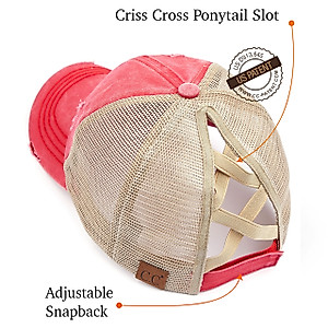 C.C Exclusives Washed Distressed Cotton Denim Criss-Cross Ponytail Hat Baseball Cap Bundle Hair Tie (BT-780)(BT-791) (A Elastic Band-red)