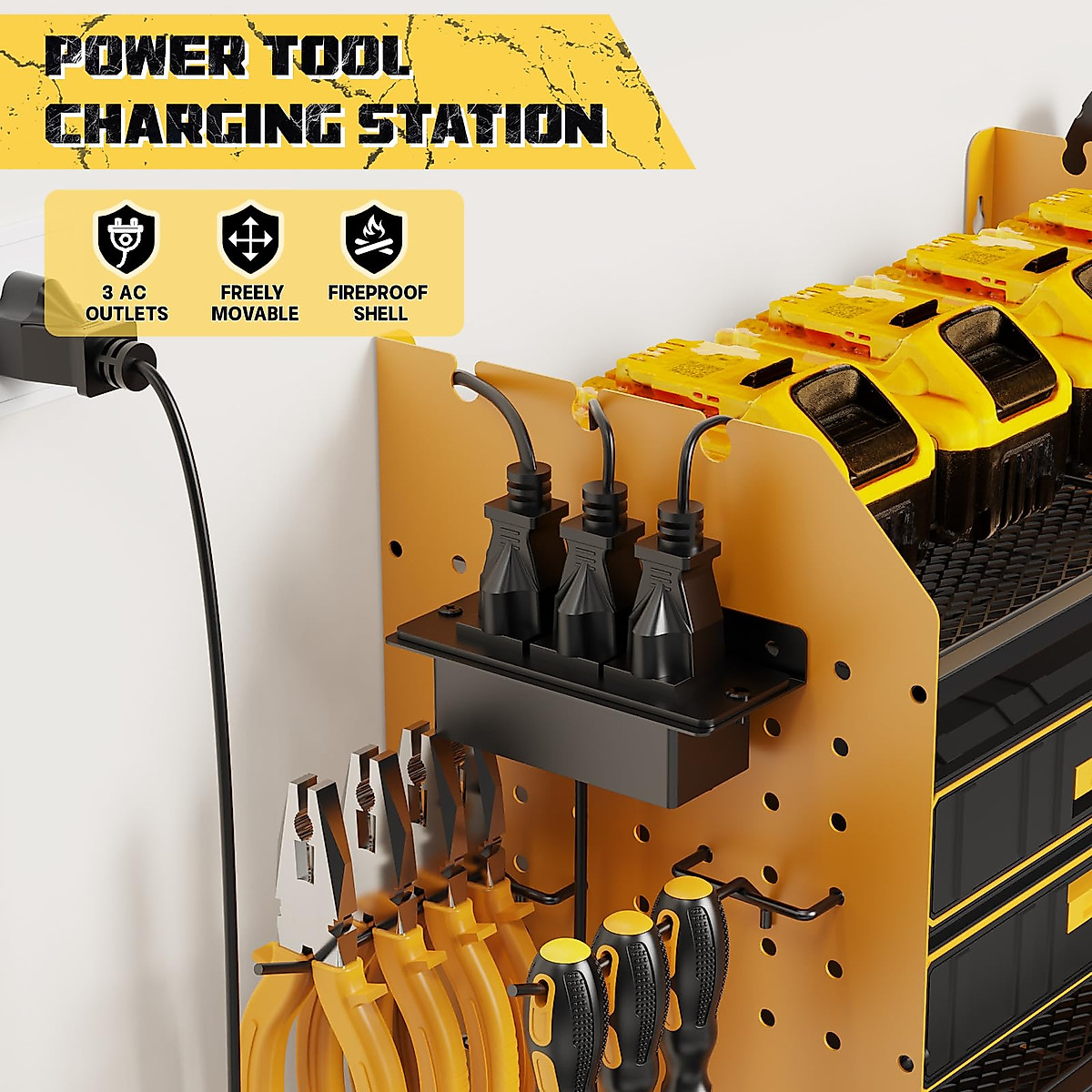 Power Tool Organizer, 45.5 Inch Cordless Drill Holder Wall Mounted, 3 Layers Tool Organizers with Outlet Power Strips , Garage Storage Rack for Toolbox/Impact Wrenches/Screwdriver/Plier/Hammer