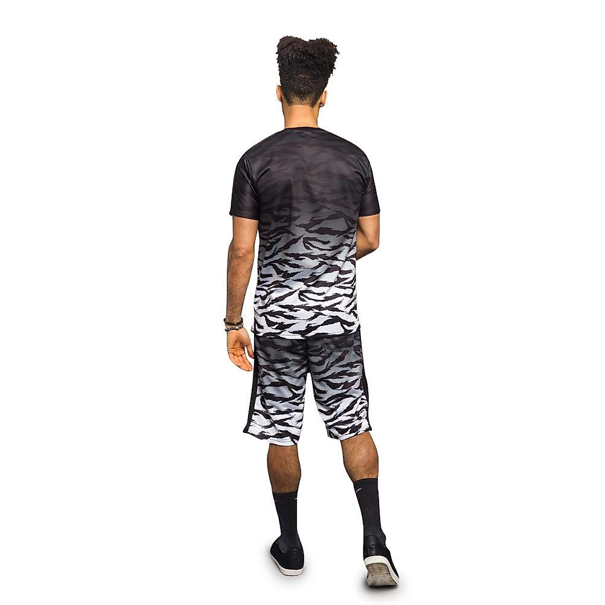 Victorious Men's Dip Dye Gradient Tiger Camo Tracksuit Set Short Sleeve Top and Shorts ST400 - Black - Medium - AA14I