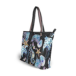 Tote Bag Art Jellyfish Starfish Seahorse Print, Large Capacity Zipper Women Grocery Bags Purse for Daily Life 2 Sizes