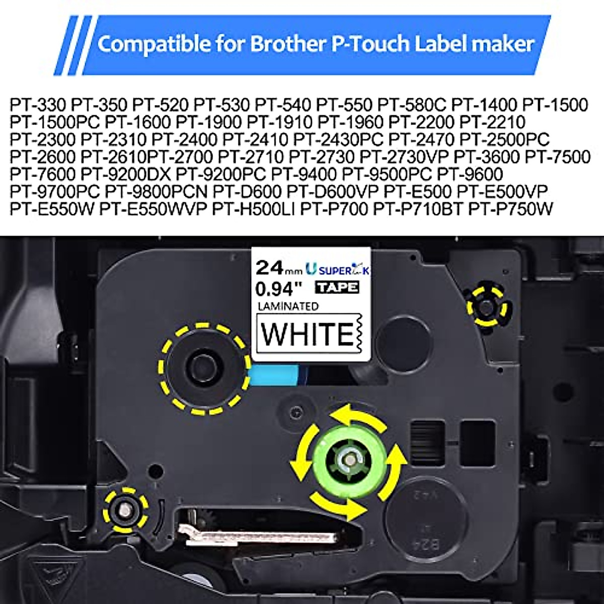 USUPERINK 10 Pack Compatible for Brother P-Touch Label Maker Tape TZe-251 TZe251 TZ-251 TZ251 24mm 0.94 1 Inch Black on White Laminated TZe TZ Tape for PT-D600 PT-D600VP PT-P700 P750W P950NW P710BT