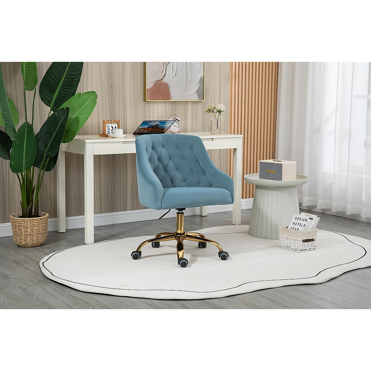 ZOBIDO Comfy Home Office Task Chair with Wheels, Cute Modern Upholstered Velvet Seashell Back Adjustable Swivel Vanity Desk Chair, for Women, for Girls, Living Room(Haze Blue)