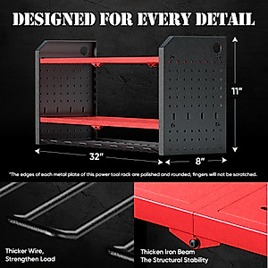 Power Tool Organizer, Large 8 Drill Holder Wall Mount with 2 Side Pegboards, Heavy Duty Metal Tool Shelf with 12 Hooks, 3 Layer Cordless Tool Organizer, Power Tool Storage for Garage Organization