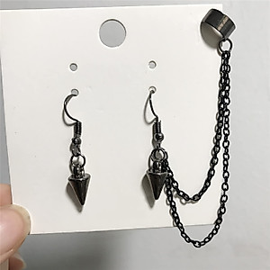 ANDPAI Unique Lightweight Black Silver Punk Long Tassel Chain Ear Cuff Earrings 316L Stainless Steel Vintage Barrel Nails Crawler Climer Dangle Drop Stud Earrings for Men Women Unisex (Black)