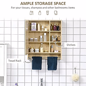 kleankin 23.5" x 27.5" Wall-Mounted Bathroom Medicine Cabinet, Vanity Mirror with 3 Storage Shelves, Inside Adjustable Shelf, and Towel Rack, Natural