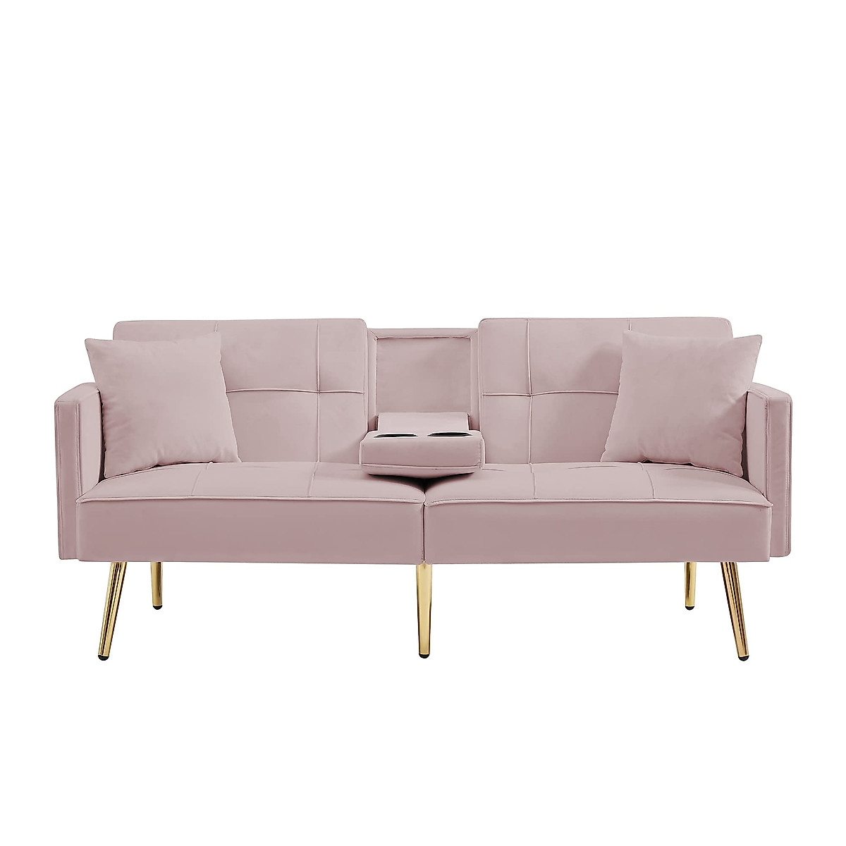 P PURLOVE Convertible Futon Sofa Bed for Living Room, Velvet Sofa Bed with Storage Pocket and 2 Pillows, Sleeper Sofa Couch with Adjustable Back for Office, Bedroom, Pink