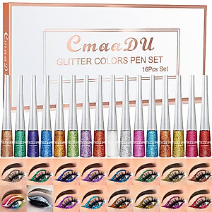 Aseawave 16 Colors Liquid Glitter Eyeliner Set, Metallic Shimmer Glitter Eyeshadow, Colorful Rainbow Eyeliner Long Lasting Waterproof Face Lips Art for Party Festival Makeup