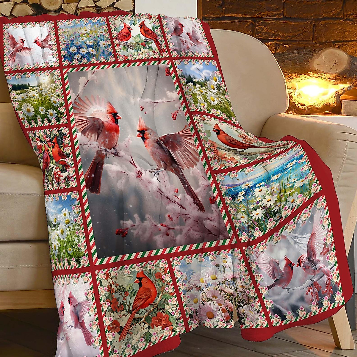 Cardinal Throw Blanket Red Bird Memorial Gifts Blanket for Adults Soft Cozy Warm Plush Fleece All Season Daisy Flower Blanket Decor for Couch Bed Sofa Dorm Office 40''X50''