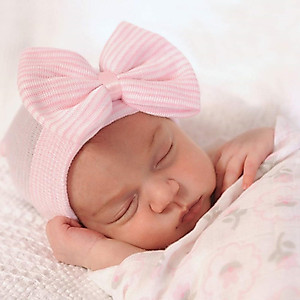 Century Star Newborn Hospital Hat for Girls Infant Baby Hat and Mittens Set with Bow Soft Cute Nursery Beanie Hat Caps Pink white&White&Pink(with Mittens) One Size