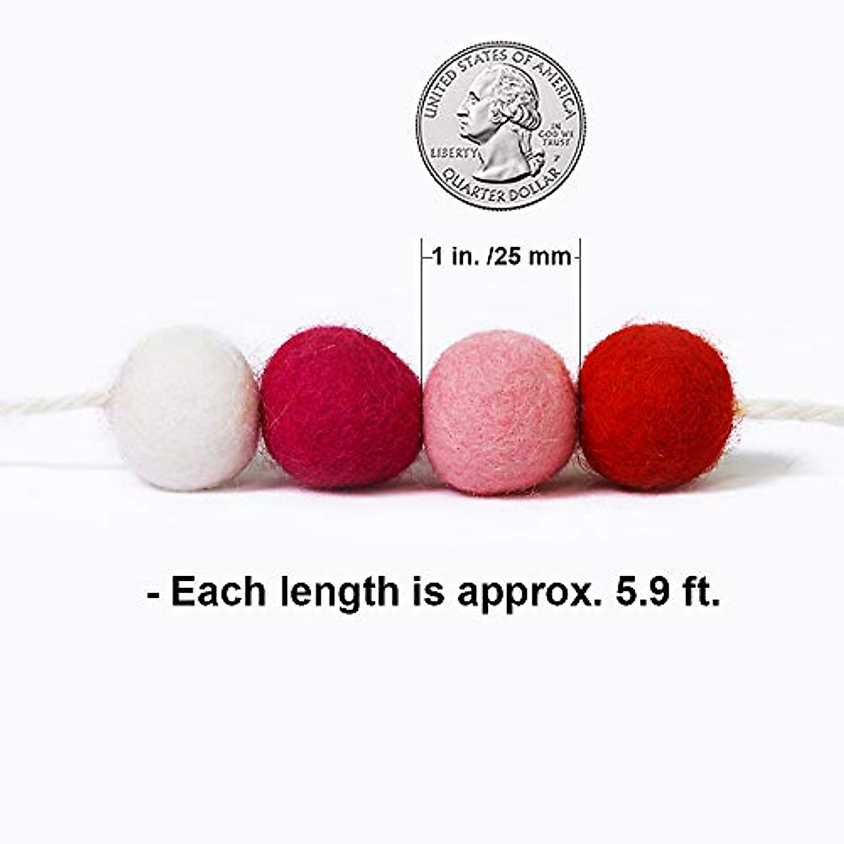 Supla 6' Long Pom Pom Garland 24 Pcs 1" Diameter Wool Felt Balls Garland Strand Red Pink Rose White Ball Garland Valentine's Day Party Garland Tree Garland for Mantel Wall Child's Room Nursery Décor