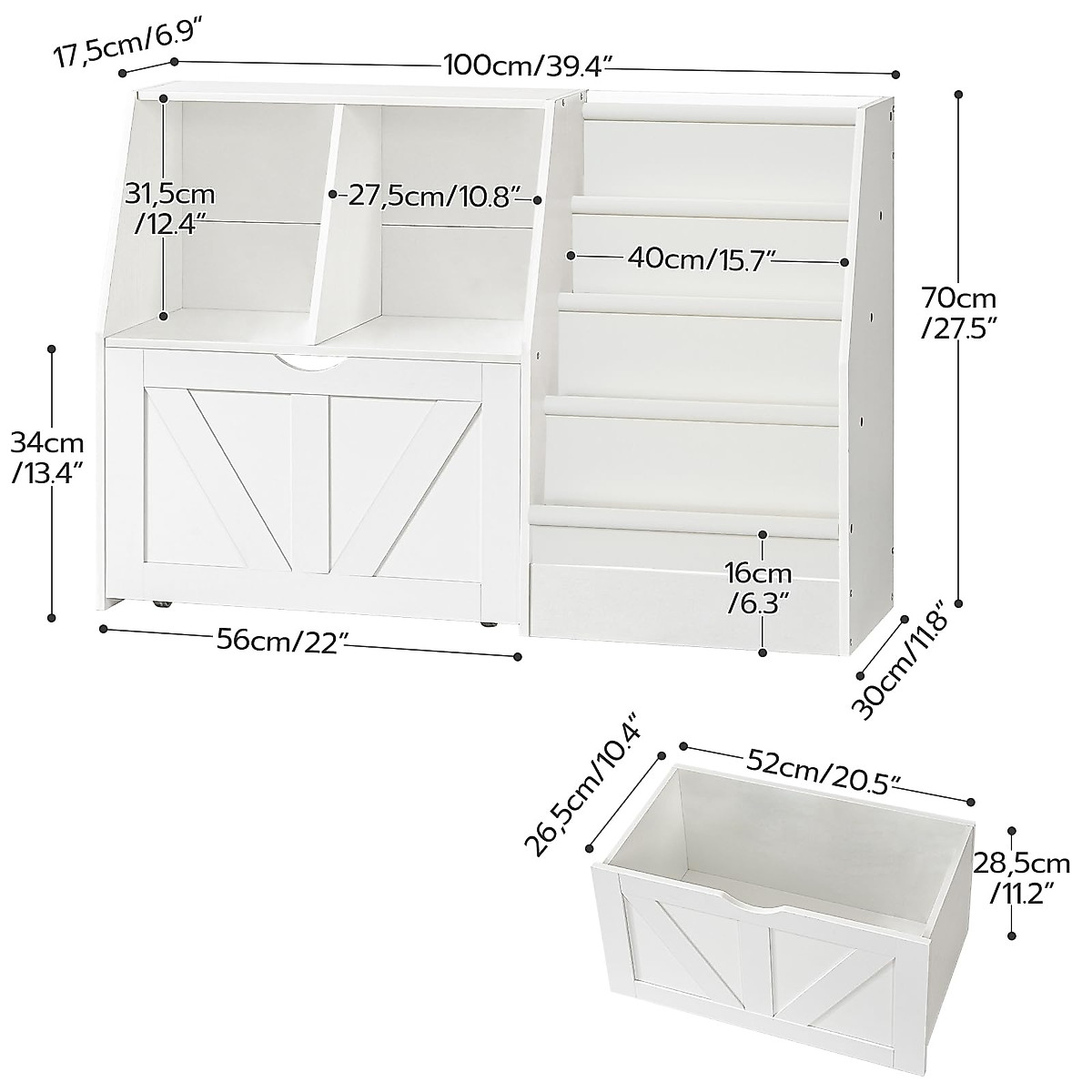 Kids Bookshelf, Four Layer Sling Bookcase, Toddler Storage Book Rack, Toy Organizer Shelves with Movable Drawer, Toy Organizer Cabinet, Book Display, for Playroom, Nursery, Kids Room, White WT112CW01