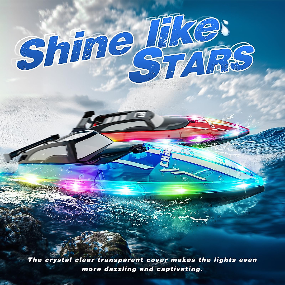 JOI MEW RC Boat for Kids with LED Lights, 2.4Ghz Remote Control Racing Boats for 8-12,Toy Water Boat for Pools & Lakes with Waterproof,Rechargeable Battery, for Boys Girls Blue