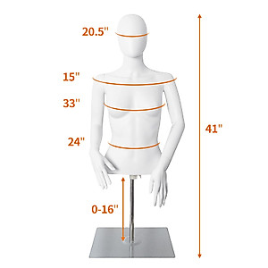 SHAREWIN Mannequin Torso with Stand Female Half Body Dress Form Plastic Detachable Manikin Stand Height 30”-46” High Stability Metal Base, White (Female)