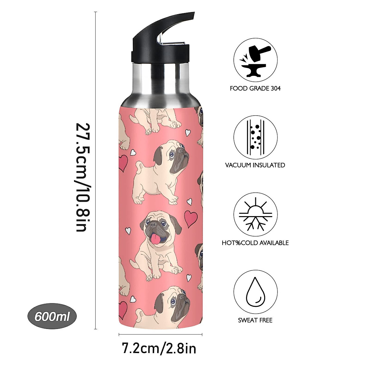 UMIRIKO Pug Dog Water Bottle Thermos with Straw Lid 20 Oz for Kids Boys Girls, Pink Heart Leakproof, Vacuum Insulated Stainless Steel, Double Walled, Thermo Mug,Sports Bottle 20200824