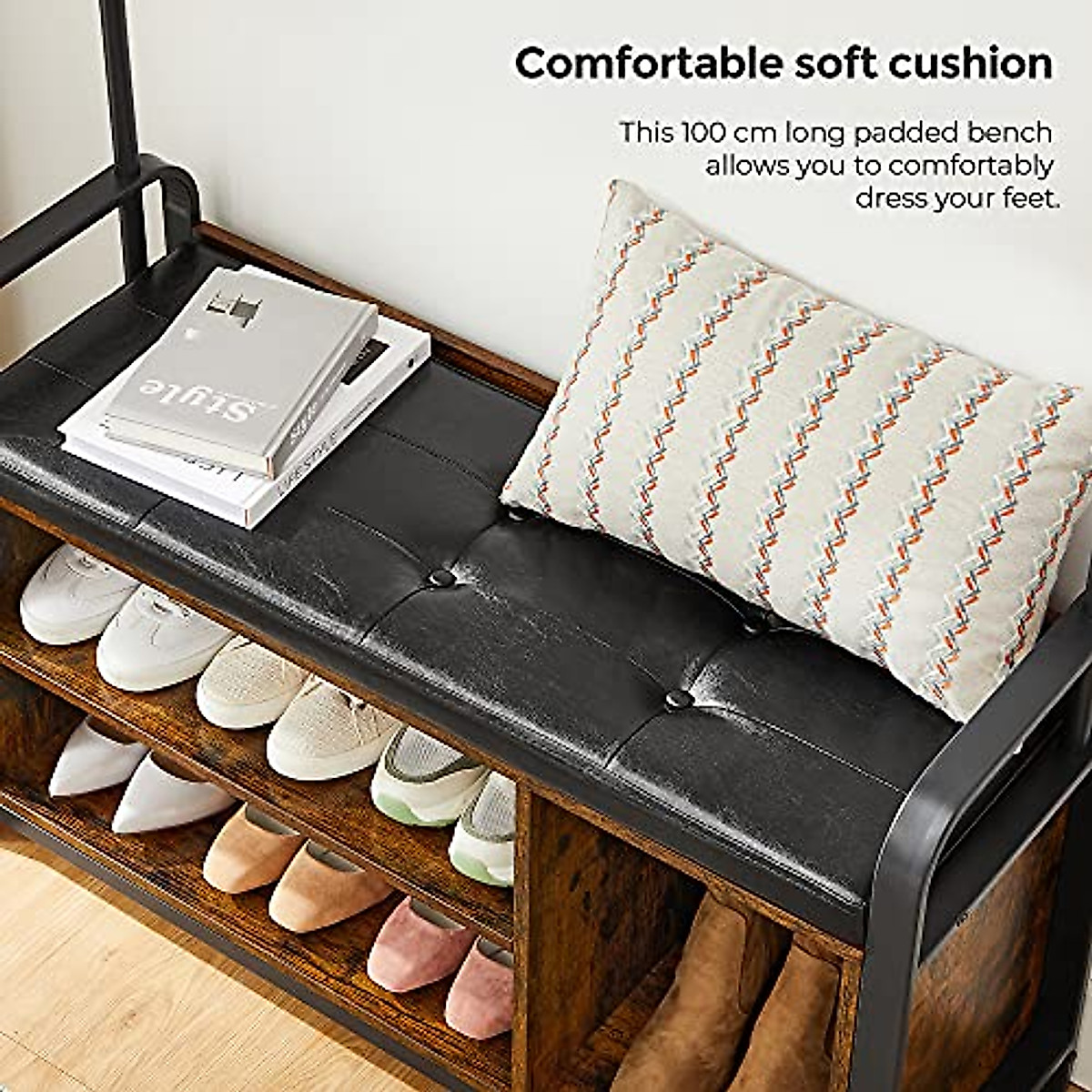 VASAGLE Hall Tree with Storage Bench, Entryway Storage with 9 Hooks, Coat Rack with Soft Bench, Shoe Rack, Steel Frame, Rustic Brown and Black UHSR099B01