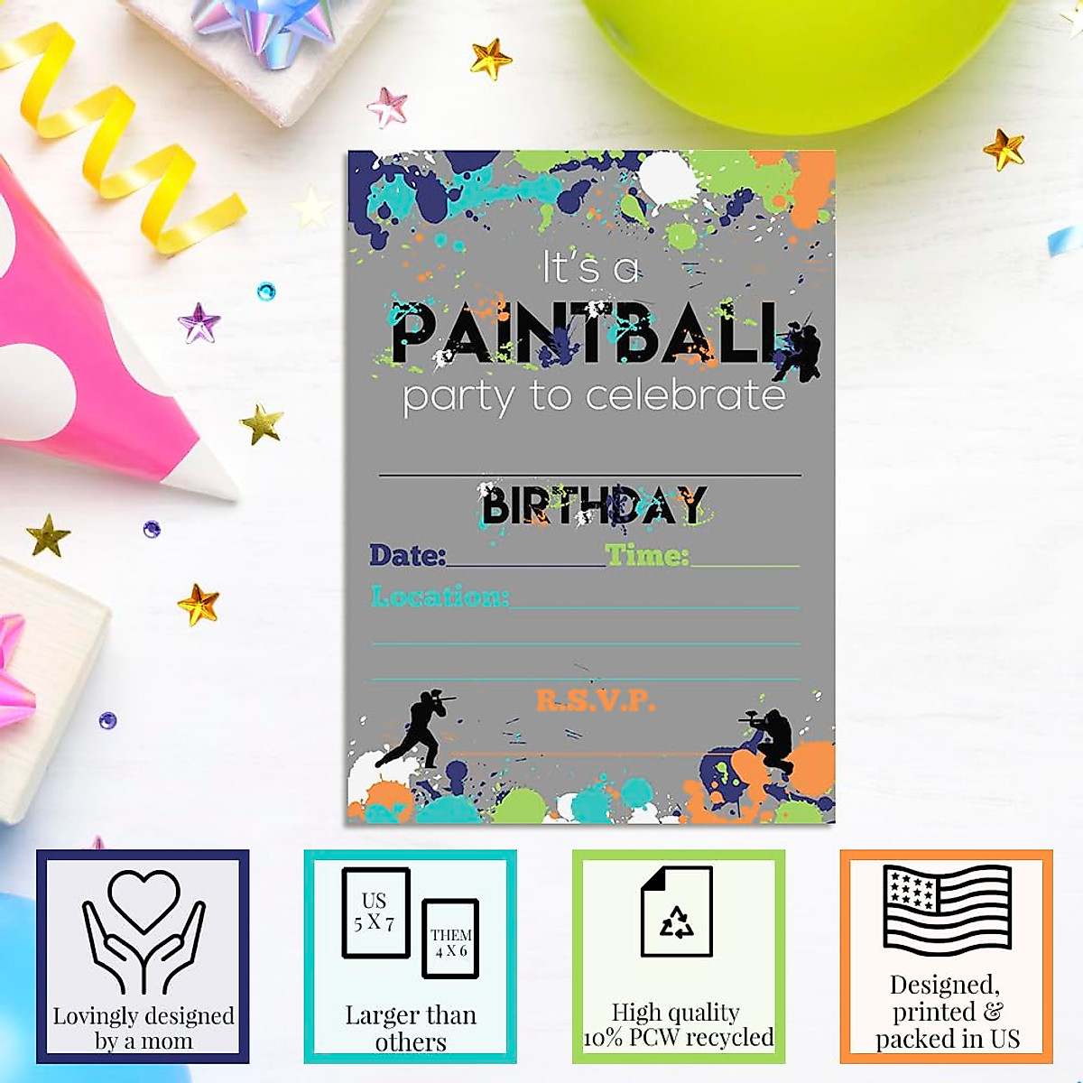 Paintball Themed Birthday Party Invitations, 20 5x7 Fill In Cards with Twenty White Envelopes by AmandaCreation