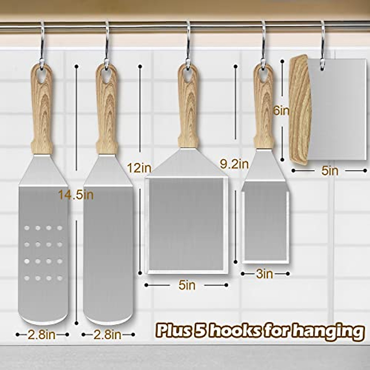 Metal Spatula Set of 5, HaSteeL Heavy Duty Griddle Accessories Kit, Durable Stainless Steel Burger Turner Flipper Scraper Tools for Flat Top Grill Teppanyaki Cast Iron, Indoor & Outdoor, Easy to Clean