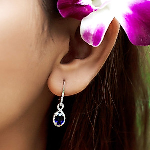 Dazzlingrock Collection - 10K 7X5 MM Each Oval Lab Created Blue Sapphire & Round Diamond Dangling Drop Earrings, White Gold