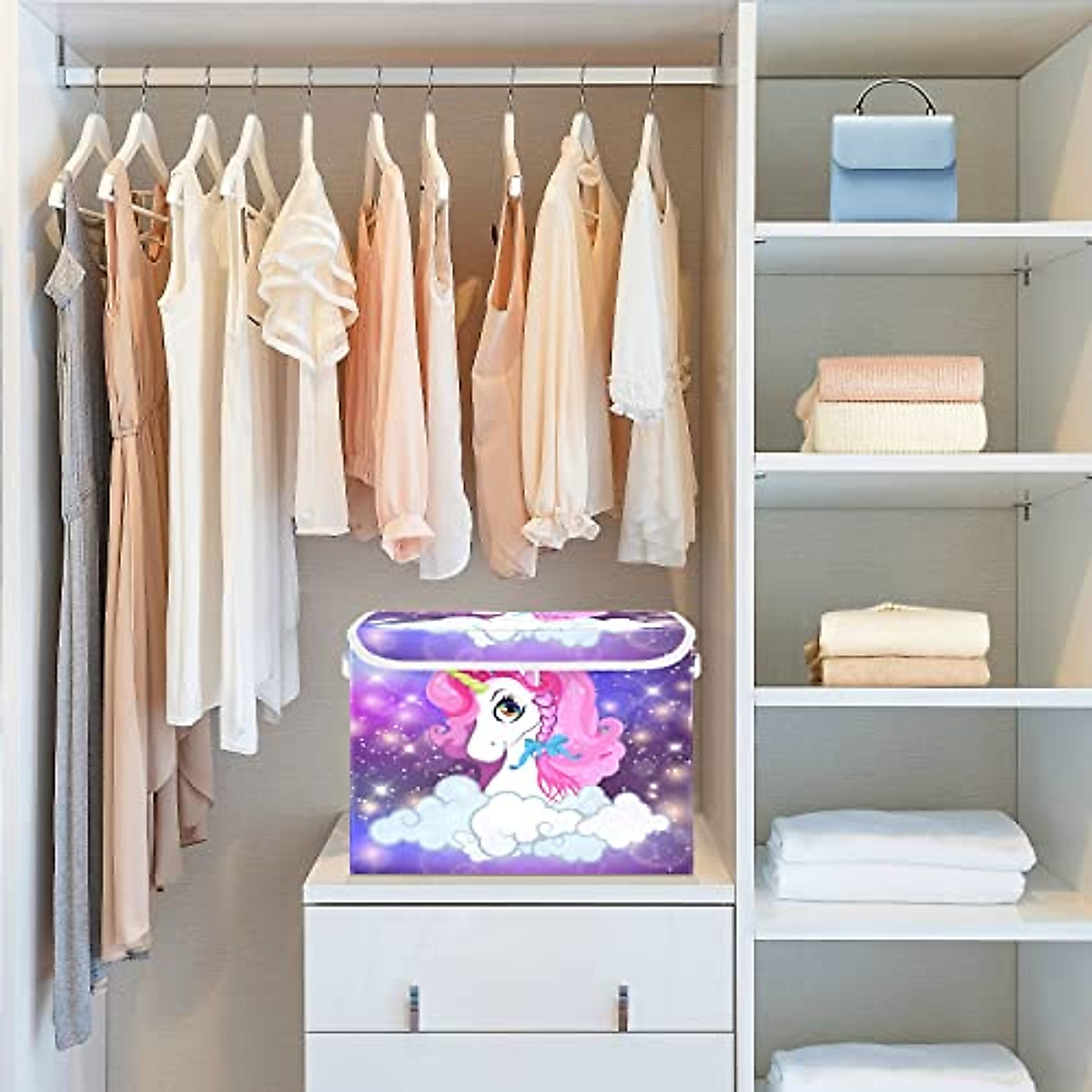 DOMIKING Unicorn Pink Head Galaxy Toy Storage Trunk with Lid Collapsible Storage Box Organizer with Handles for Nursery Drawer Shelves Cabinet