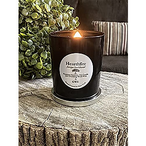 Hearthfire - Sandalwood Scented Soy Candle Infused w/Natural Oils w/ Wood Wick- Dark Sweet Creamy Aromatherapy - Hand Poured in The USA in Glossy Black Jar w/ Lid