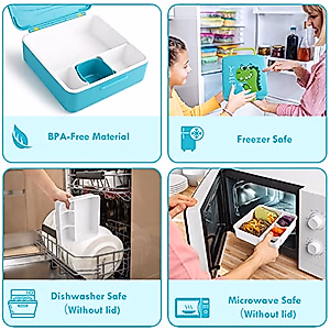 Lehoo Castle Bento Lunch Box for Kids with 4 Compartments&Sauce Jar,1.3L Large Bento Box, Lunch Containers with Spoon&Fork, Durable, Leak Proof, BPA-Free and Food-Safe Materials (Cyan)