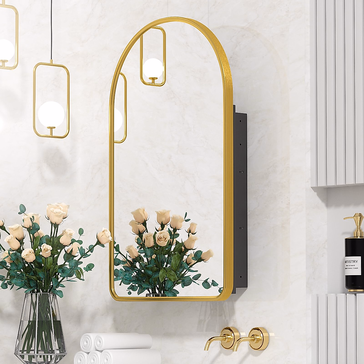 Arched Medicine Cabinet, Recessed Medicine Cabinet with Mirror,Oil Rubbed Gold Bathroom Medicine Cabinet Mirror,Metal Framed Arch Medicine Cabinet Surface Mount,20x31Inch