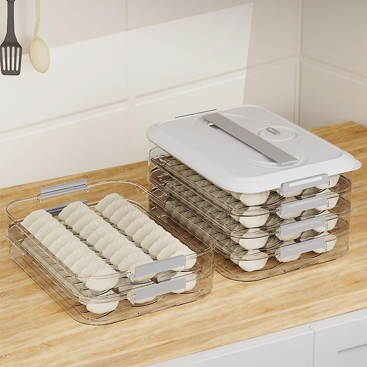 CMZYB 4-Layer Rectangular Food Storage Containers with Flip Top Lids, Dumpling Box, Cookie Storage, Good Sealing, Time Recorder (Blue)