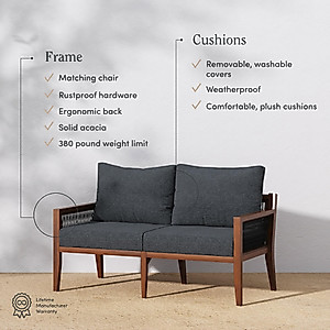 Nathan James Freya Bohemian Wood Loveseat, Upholstered Loveseat Sofa for Patio, Solid Acacia Wood Frame, Dark Acacia