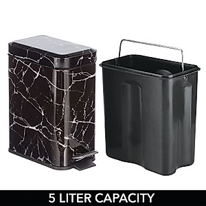 mDesign Small Modern 1.3 Gallon Rectangle Metal Lidded Step Trash Can, Compact Garbage Bin with Removable Liner Bucket and Handle for Bathroom, Kitchen, Craft Room, Office, Garage - Black Marble