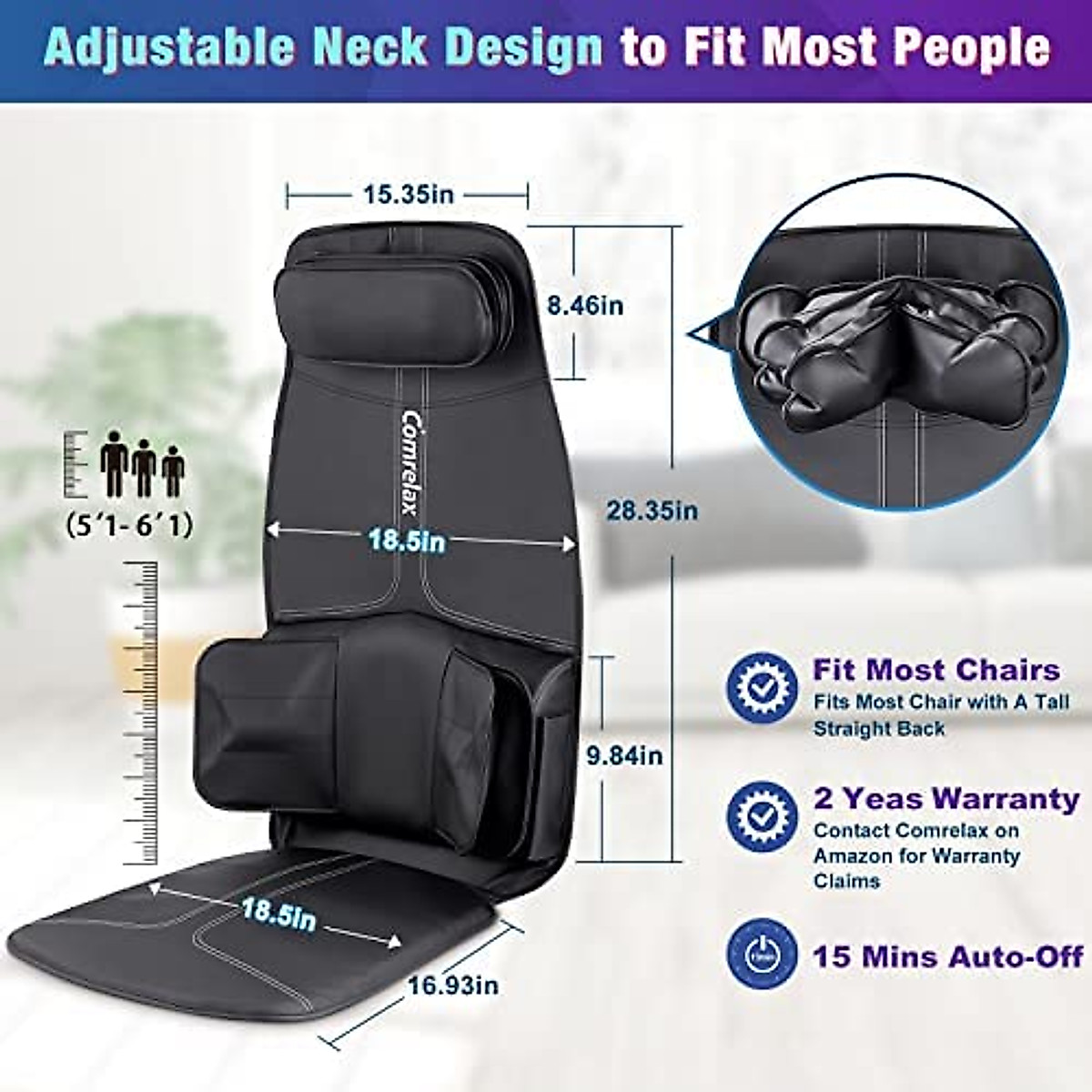 Back-Massager with Compaction and Vibration, Height-Adjustable Seat Massager, Massage Chair Pad for Neck Back Waist Hip, Chair Massager Cushion Helps Relieve Pain, Office or Home Use, Soft Leather