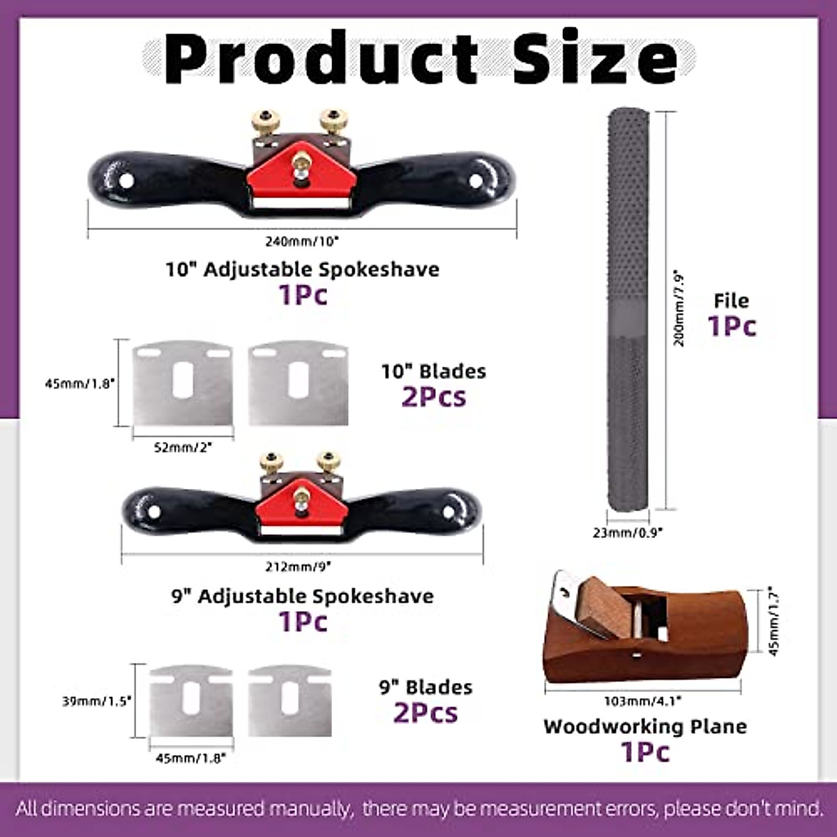 Swpeet 8Pcs 9" 10" Adjustable Spokeshave with Replacement Blades and 4-Way Rasp File with Portable Woodworking Planes Wood Working Hand Tool Kit, Metal Blade Wood Working Hand Tool for Wood Craft