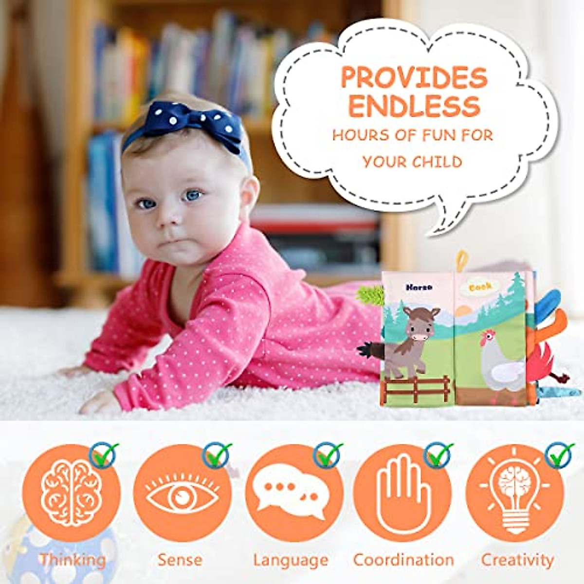 Vicloon Baby Books 0-6 Months, Soft Cloth Books Baby Books Bath Books, Infant Tummy Time Toys High Contrast Sensory Baby Toys Crinkle Squeaky Washable Chewable Non-Toxic Early Educational Book