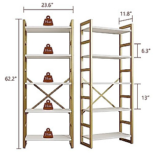 Shintenchi 5 Tiers Bookshelf, Classically Tall Bookcase Shelf, Industrial Book Rack, Modern Book Holder in Bedroom/Living Room/Home/Office, Storage Rack Shelves for Books/Movies,Gold