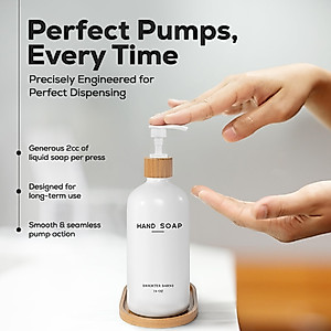 White Glass Soap and Lotion Dispenser Set with Tray by Brighter Barns - Hand Soap Dispenser Bathroom Set - Bamboo Bathroom Soap Dispenser Set - Minimalist Bathroom Accessories, Modern Home Decor