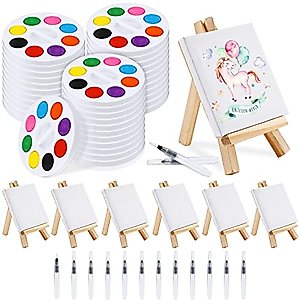 Watercolor Paint Sets 8 Colors Watercolor with 3 x 3 Inch Painting Canvas Panel with Mini Wooden Easel Set Stretched Canvas Display Easel Painting Brush Kit with Paint Brush for Kids (24 Sets)