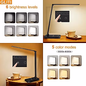 GLITI LED Desk Lamp with Wireless Charging，Dimmable Desk Light, 5 Light Colors, 6 Brightness Levels, Touch Control Table Lamp with USB Rechargeable, Auto Timer, for College Dorm, Home, Office