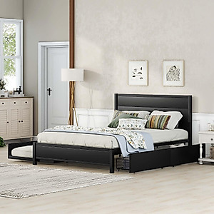 Altillo Queen Size Metal Platform Bed Frame with 2 Storage Drawers and Twin Size Trundle, Mattress Foundation with Tufted Headboard, No Box Spring Needed, Noise Free (Queen)