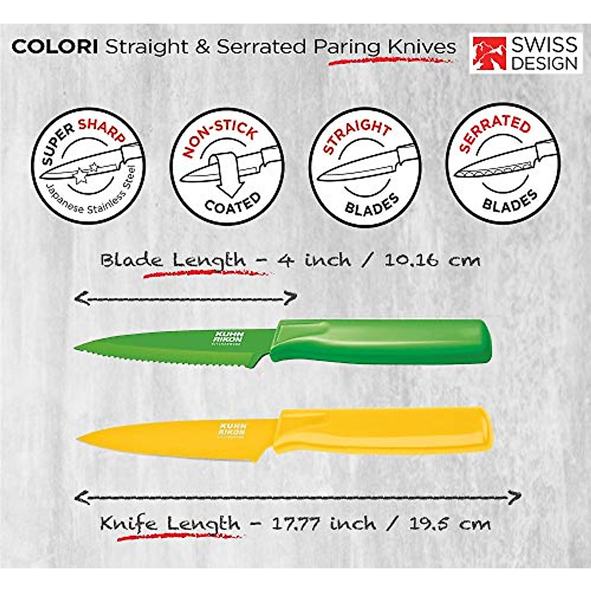 Kuhn Rikon Serrated Paring Knife with Safety Sheath, 4 inch/10.16 cm Blade, Green & Yellow