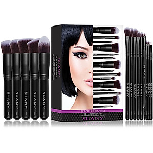 SHANY Makeup Brushes - Black Bombshell - 14-Piece Brush Set – Foundation Powder Concealers Eye Shadows Makeup brushes - Complete Kabuki Makeup Brush Set in Black - 14 PCS