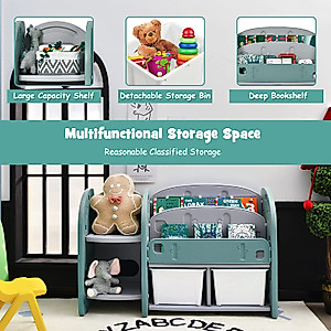 Costzon Kids Toy Storage Organizer, Toddler Bookshelf Cabinet w/ 2-Tier Bookshelf, 2 Shelves, 2 Removable Bins, Children Bookcase Display Book Rack for Kids Room Bedroom Playroom Furniture (Green)