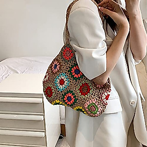 JQAliMOVV Crochet Tote Bag - Cute Flower Knitting Tote Bags Aesthetic Trendy Crochet Beach Bag Y2K Shoulder Bag Handbag Boho Bag (Khaki)