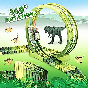 WESPREX Dinosaur Track Toy Set 280 PCS, Flexible Race Track Playset w/ 240 Tracks, 2 Race Cars, 1 Ferris Wheel (360 Degree Rotation). 1 Rotary U-Turn Tower, Dinosaur Toy for Kids Boys Girls Age 3-12