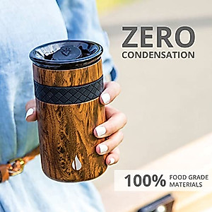Elemental Artisan Insulated Tumbler, Triple Wall Coffee Travel Mug, Reusable Stainless Steel Coffee Tumbler with Ceramic Lid, Thermal Coffee Cups for Hot (6 Hrs) & Cold (18 Hrs), 12oz - Teak Wood