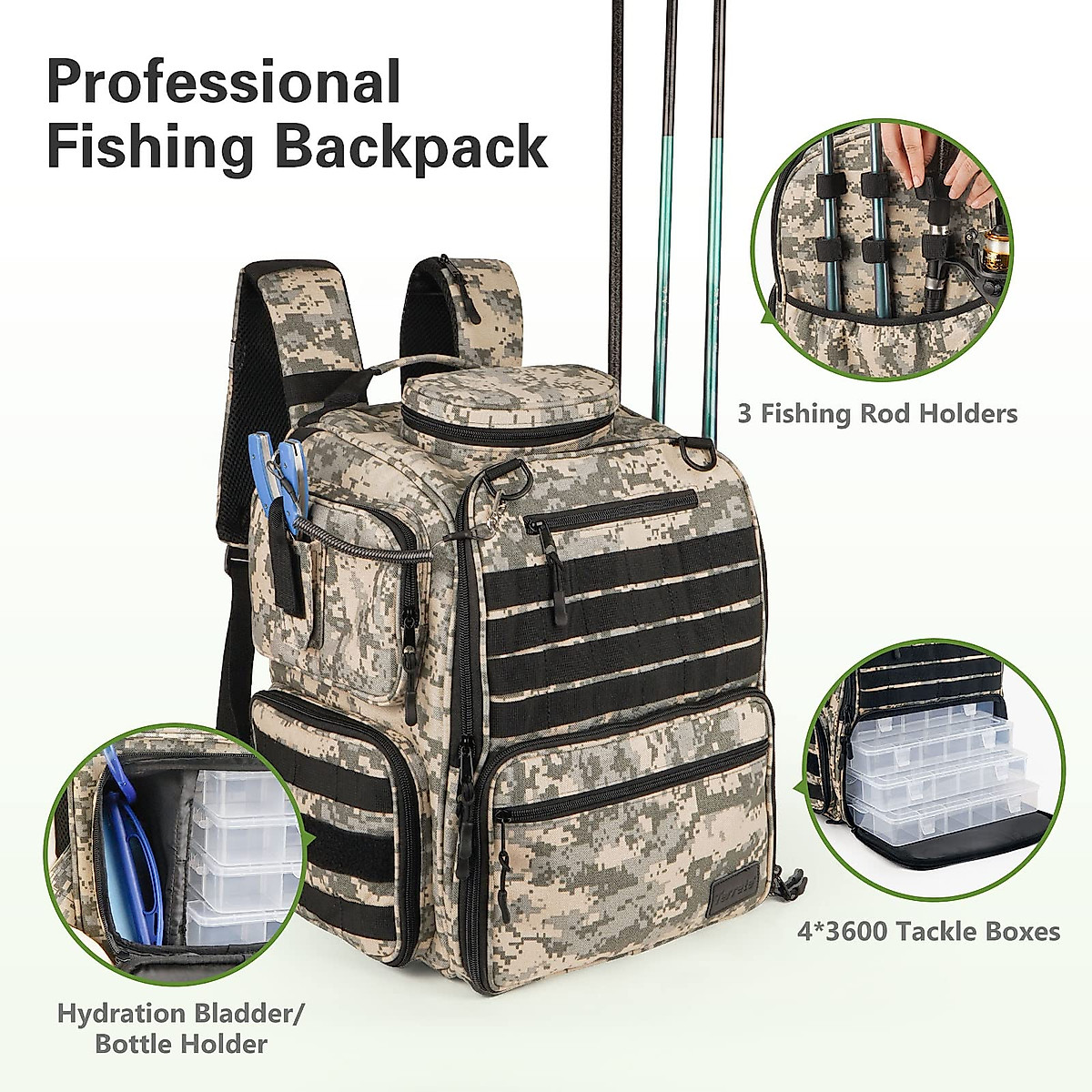 Terrete Fishing Tackle Backpack, 38L Fishing Backpack with 3 Rod Holders & 4 Tackle Boxes, Waterproof Fishing Tackle Bag with Integrated Rain Cover for Fishing, Hiking, Camping, Outdoor Sports