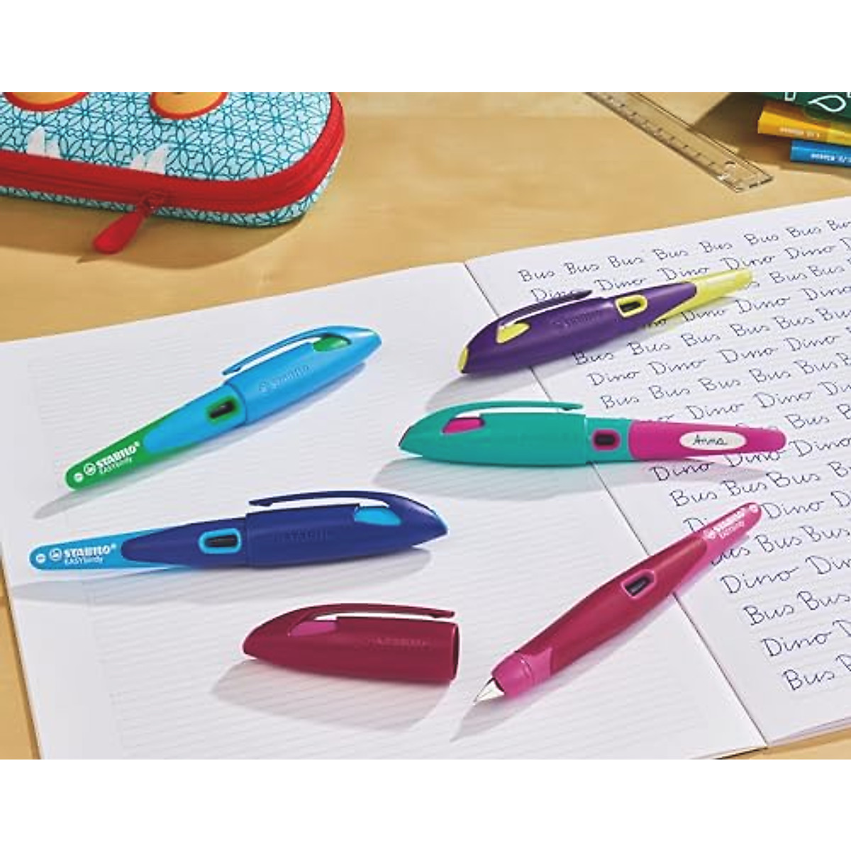 STABILO EASYbirdy Ergonomic School Fountain Pen for Left-Handed People with Beginner Nib A Sky Blue/Grass Green Single Pen with Cartridge