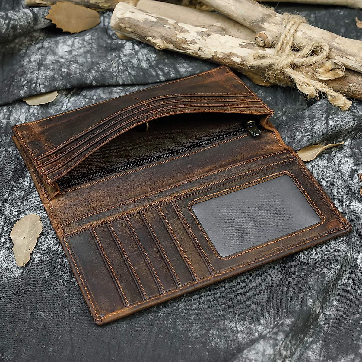 LUUFAN Men's Vintage Genuine Leather Long Bifold Wallet With Zipper Pocket