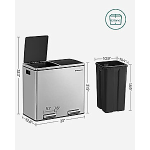 SONGMICS Trash Can, 2 x 6.3-Gallon (2 x 24L) Dual Garbage Can, Pedal Recycle Bin with Lids and Inner Buckets for Small Kitchens, Stainless Steel, Soft Closure, Airtight, Silver ULTB48NL